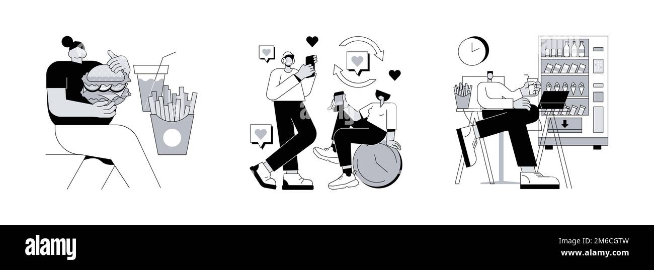 Addictive habits abstract concept vector illustration set. Overeating, mindlessly scrolling ...