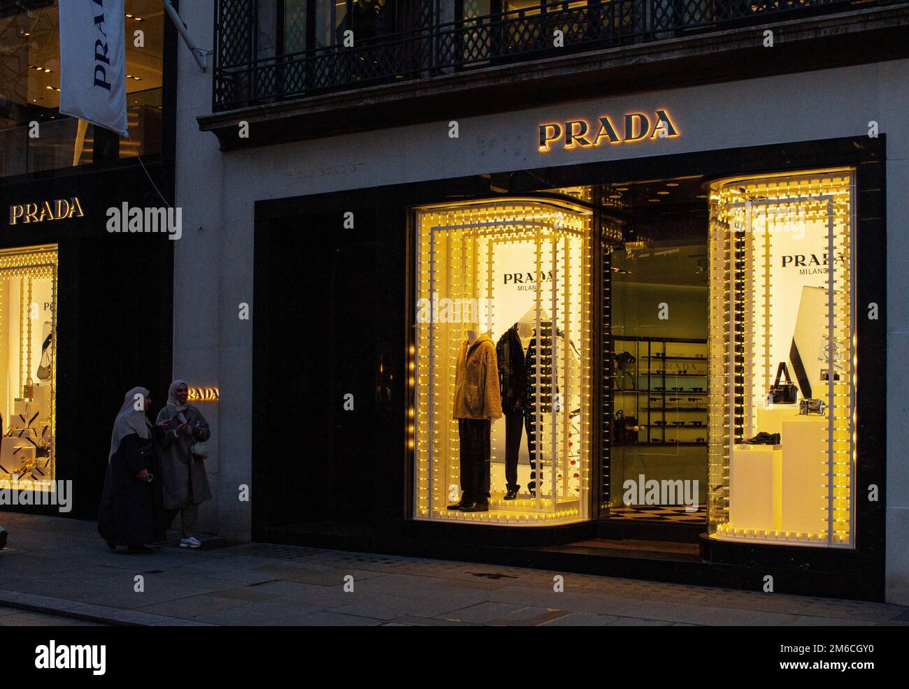 Prada storefront/shop window/visual merchandising of Bond St store, and upmarket, affluent ...