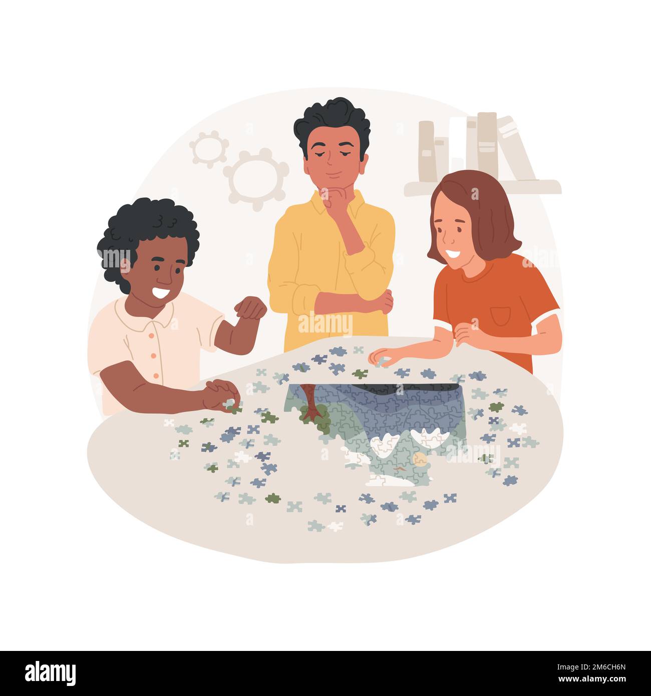 Puzzles isolated cartoon vector illustration. Group of kids collecting ...