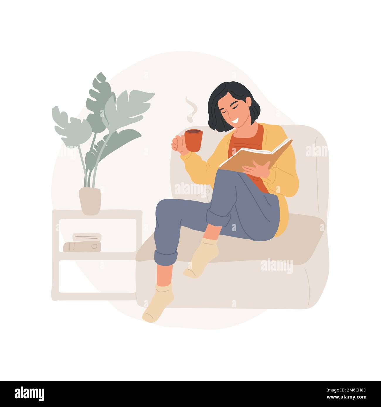 Books isolated cartoon vector illustration. Woman holding a cup of ...