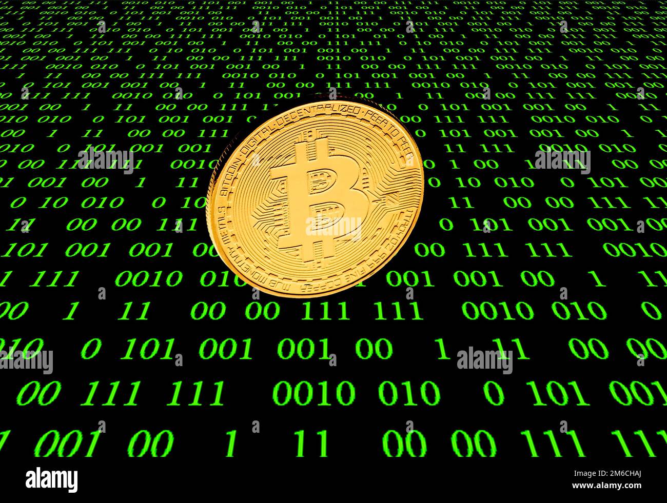 Gold coin of Bitcoin closeup on a background of simulated matrix Stock ...