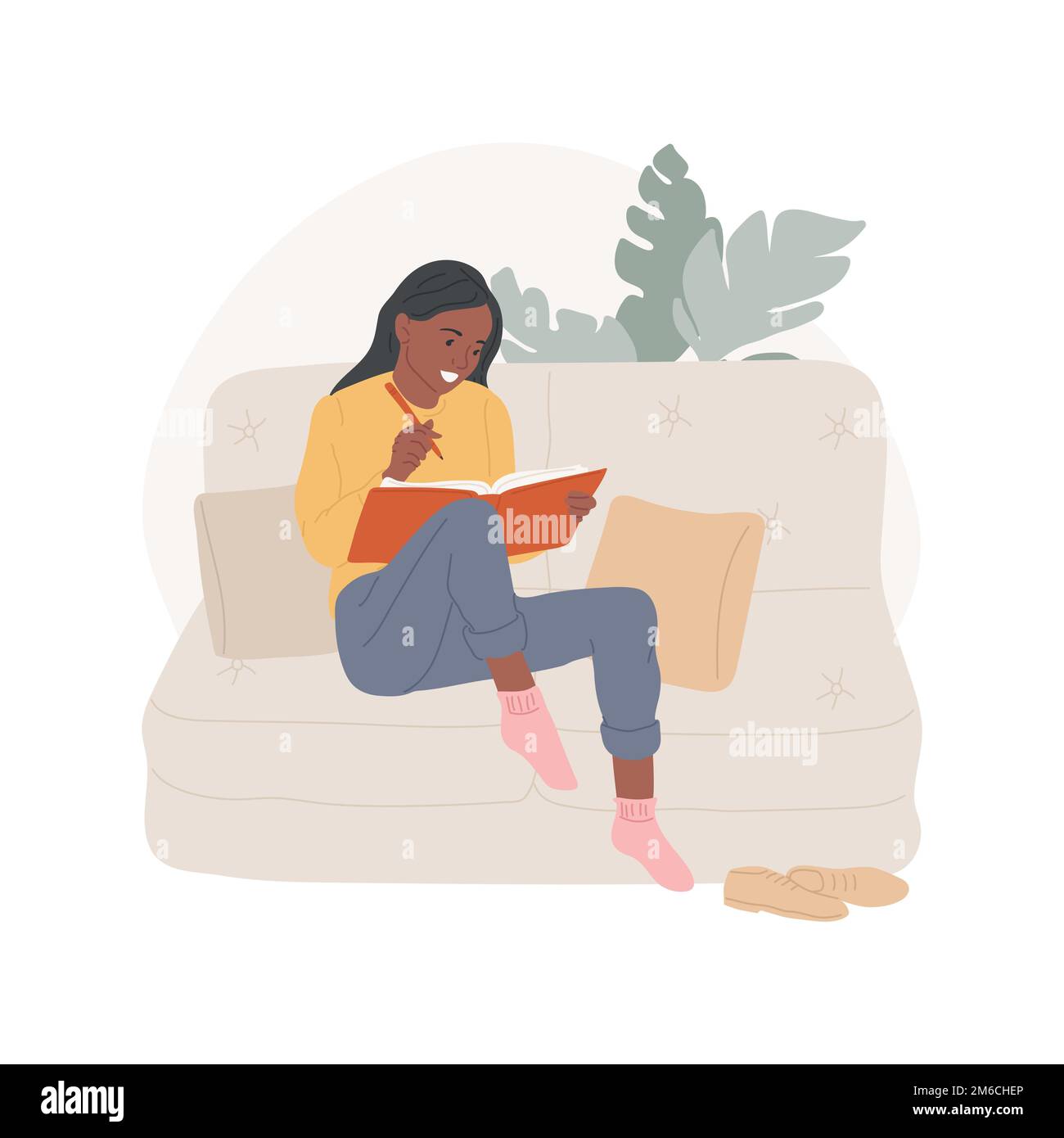 Writing a diary isolated cartoon vector illustration. Happy cute lady ...