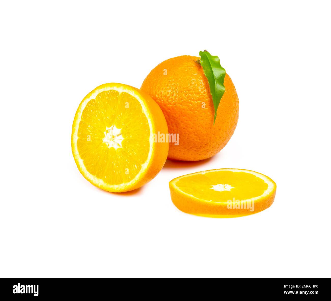 On a white background there is a whole orange, half an orange and a cut ...