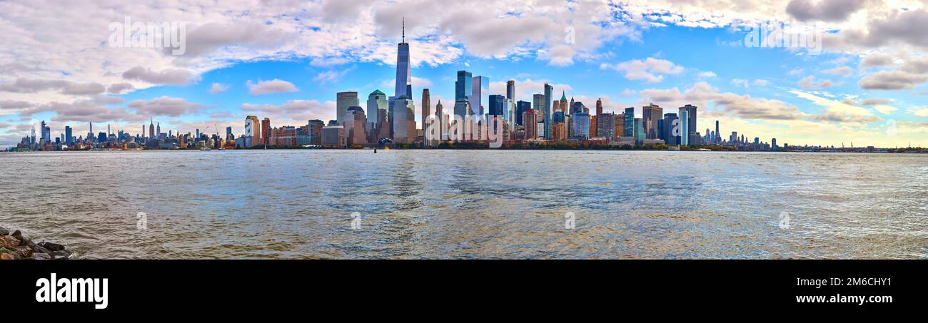 Full stunning New York City skyline on sunny morning from New Jersey ...