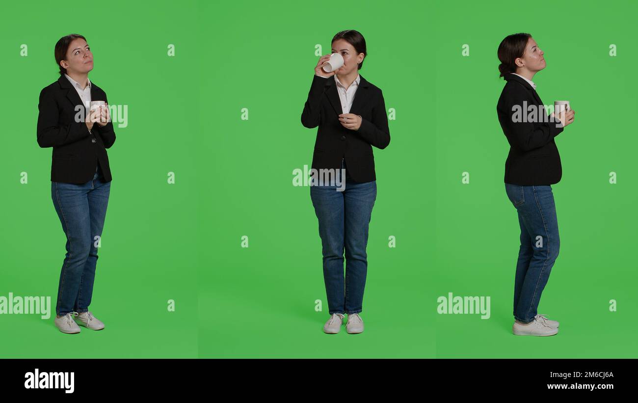 Corporate employee enjoying cup of coffee on camera, drinking caffeine ...