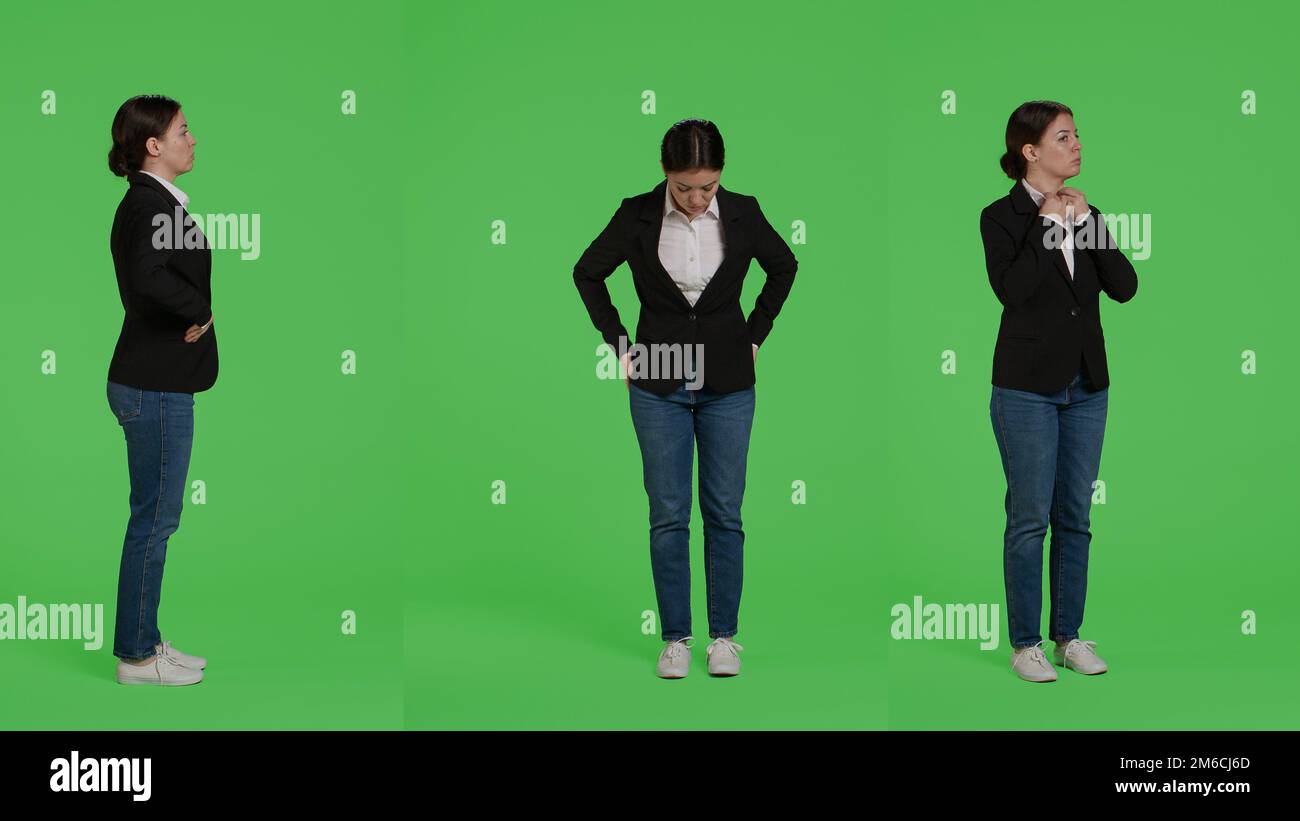 Full body greenscreen background of office worker in suit, posing on ...