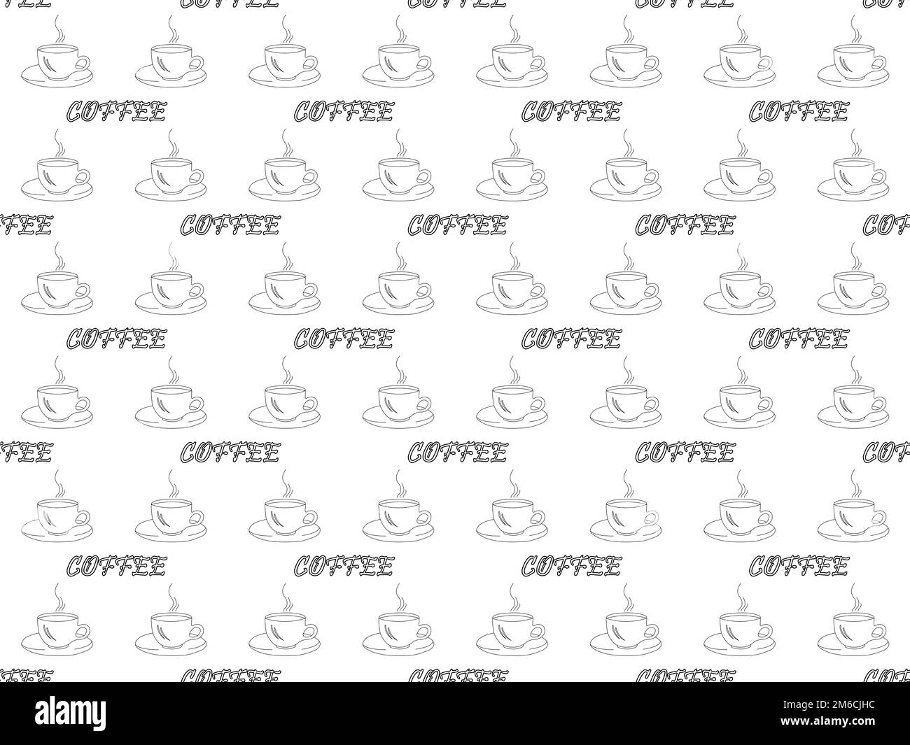 White background black outline of coffee cups and word coffee, seamless ...