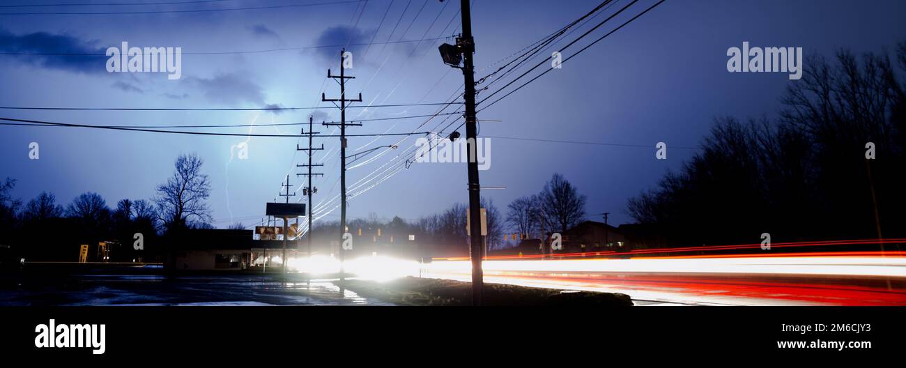Natural Electricity Lightning Strike Behind Electrical Lines Poles ...