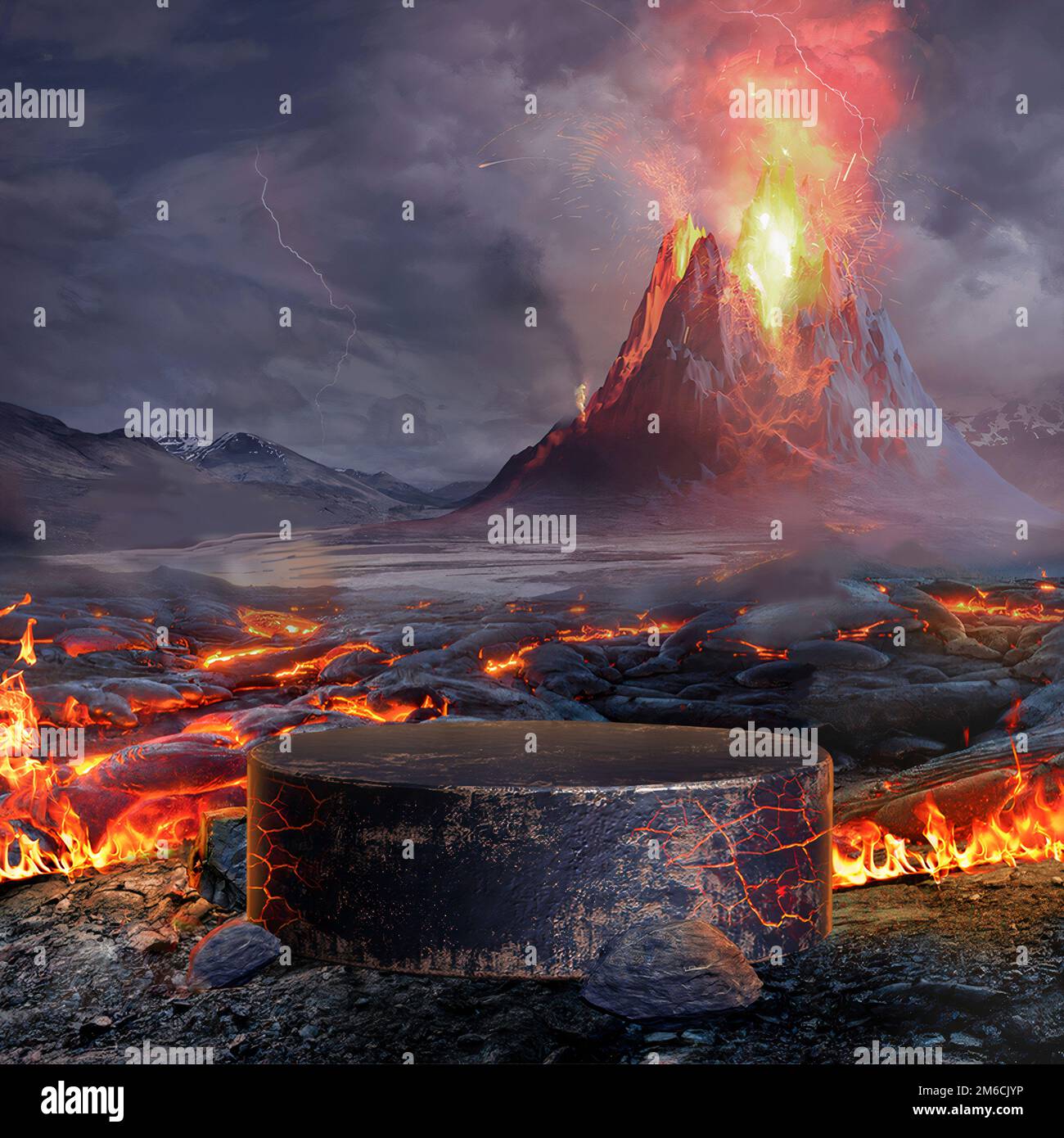 Podium fire with lava background mountain volcano at night foggy very ...