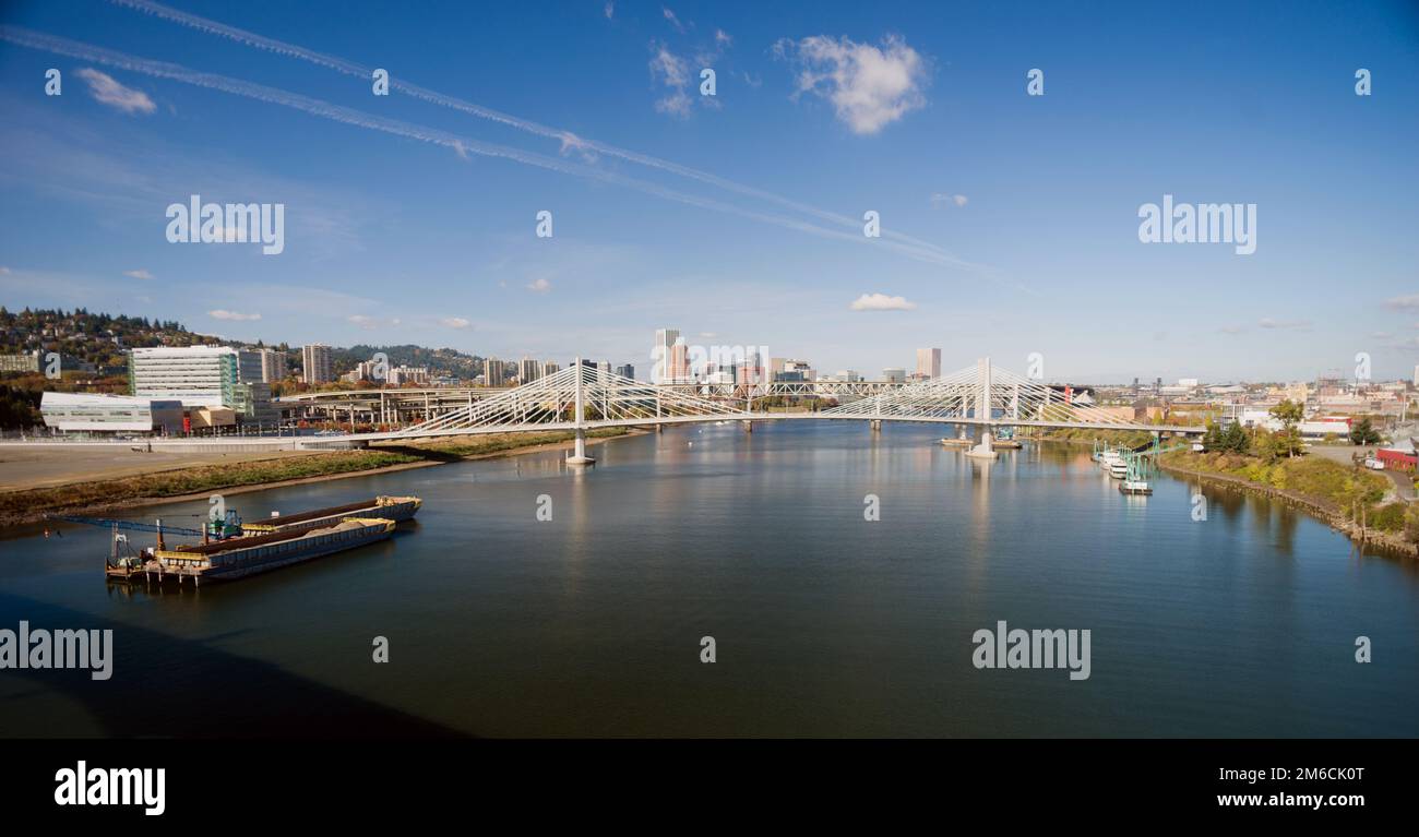 Panoramic View Portland Bridge Willamette River Barges Stock Photo - Alamy