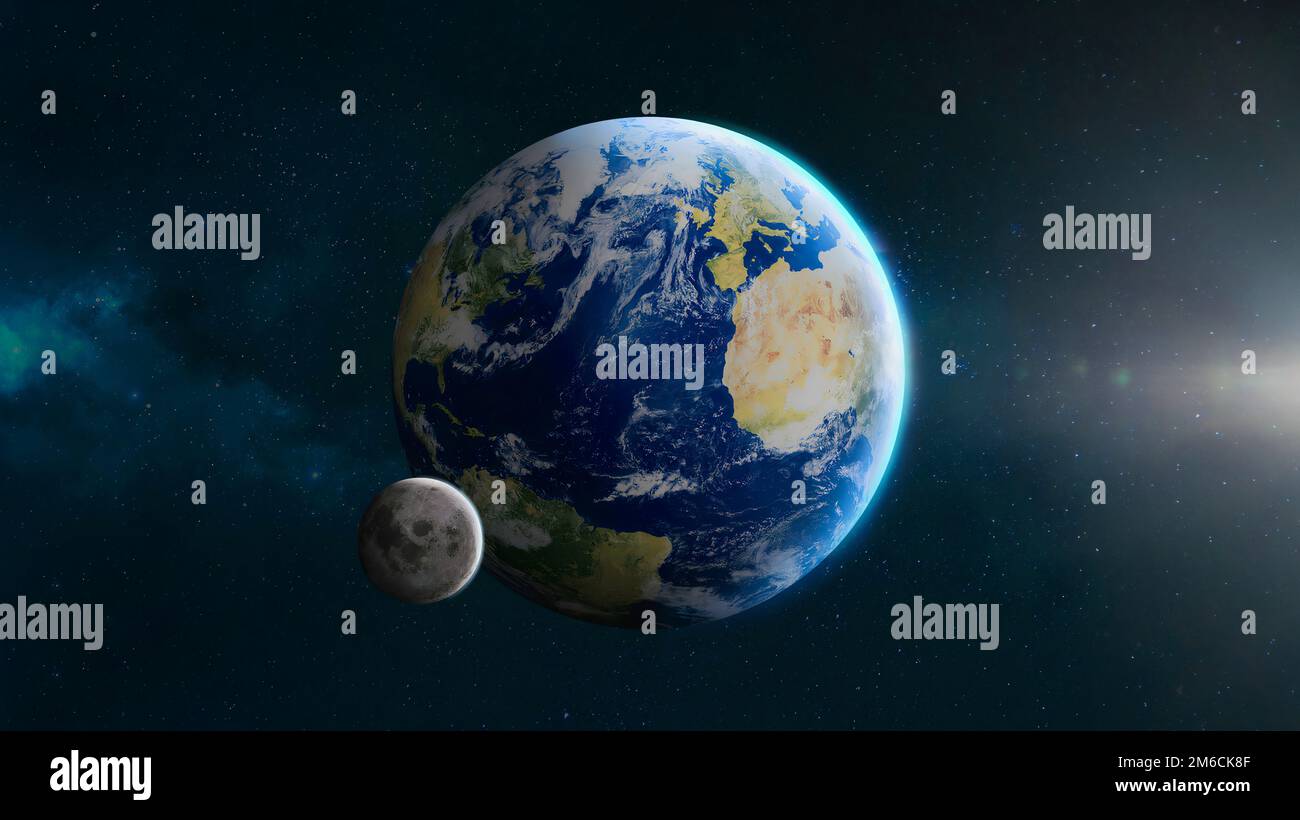 The earth and The moon in space black sky with stars with sun light ...