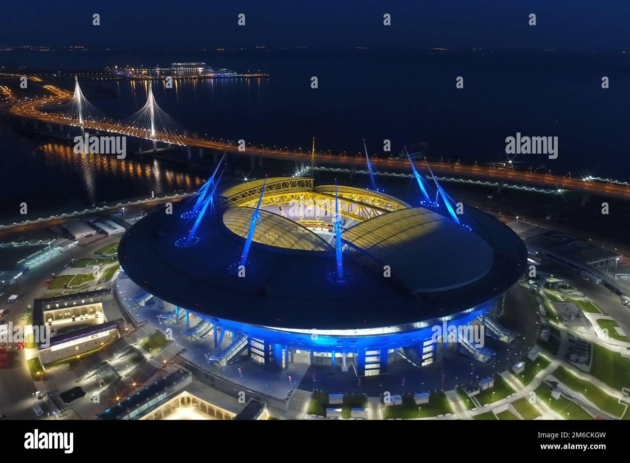 Stadium Zenith Arena at night. Illuminated by multi-colored lights the ...