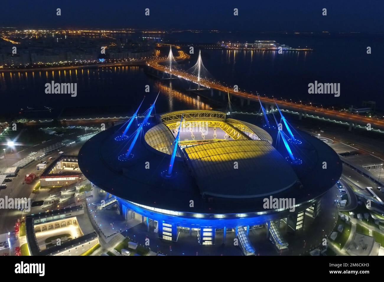 Stadium Zenith Arena at night. Illuminated by multi-colored lights the ...