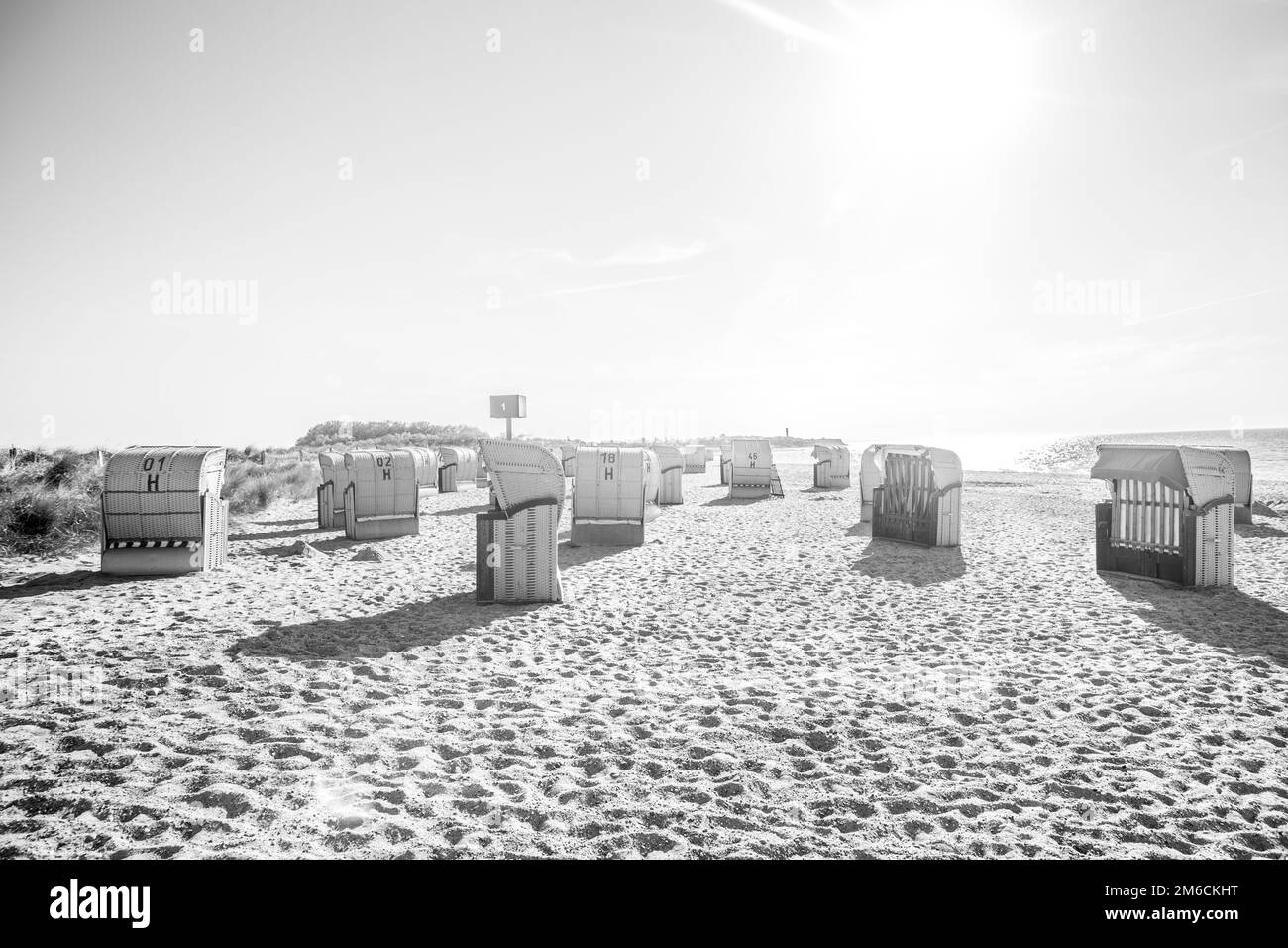 Beach chairs view sea Black and White Stock Photos & Images - Alamy