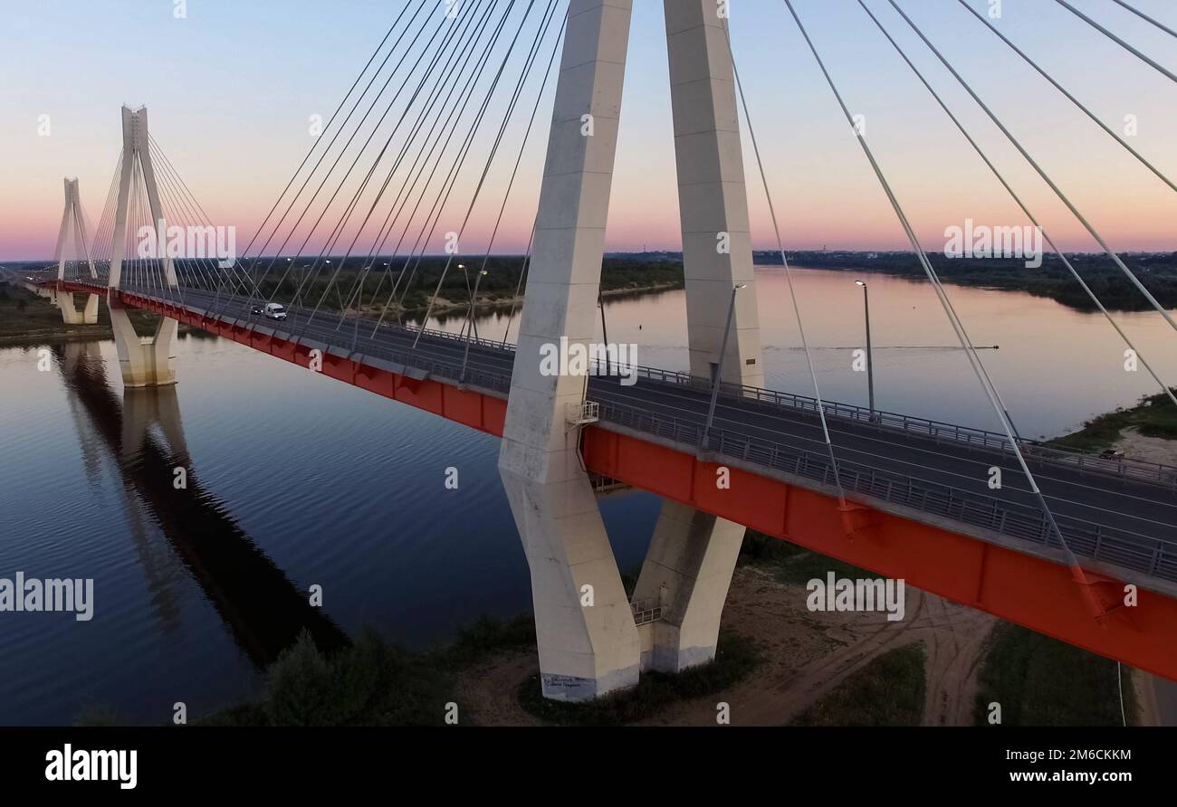 Beautiful bridge over the river. The bridge on the cables is road Stock ...