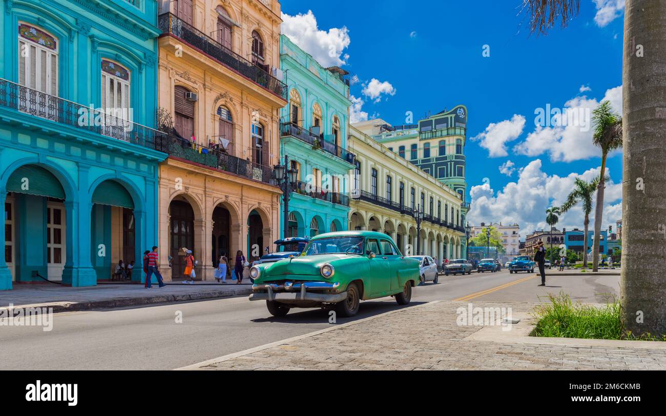 Street life view with american vintage cars on the main street in ...