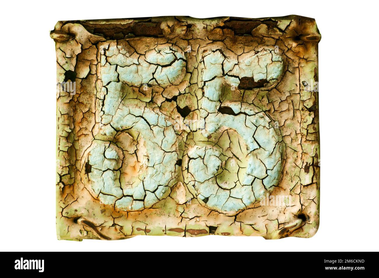 Old retro weathered cast iron plate with number 55 closeup isolated on ...
