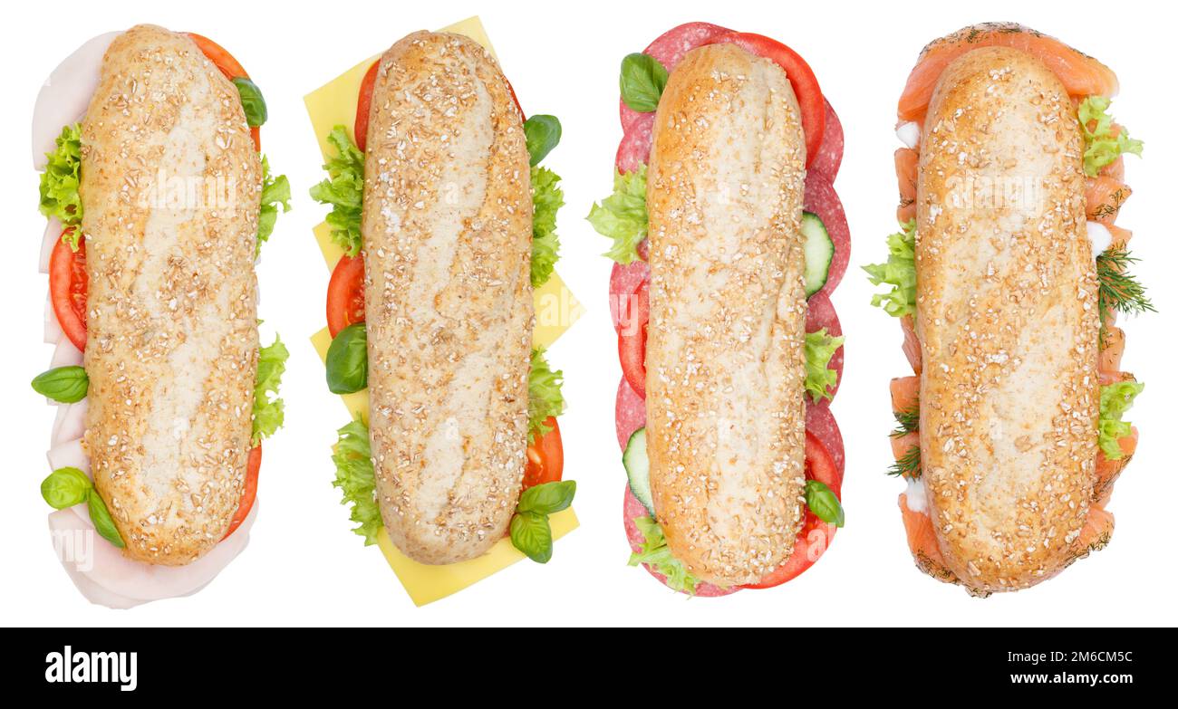 Roll sandwich wholemeal baguette topped with cheese salami ham salmon ...