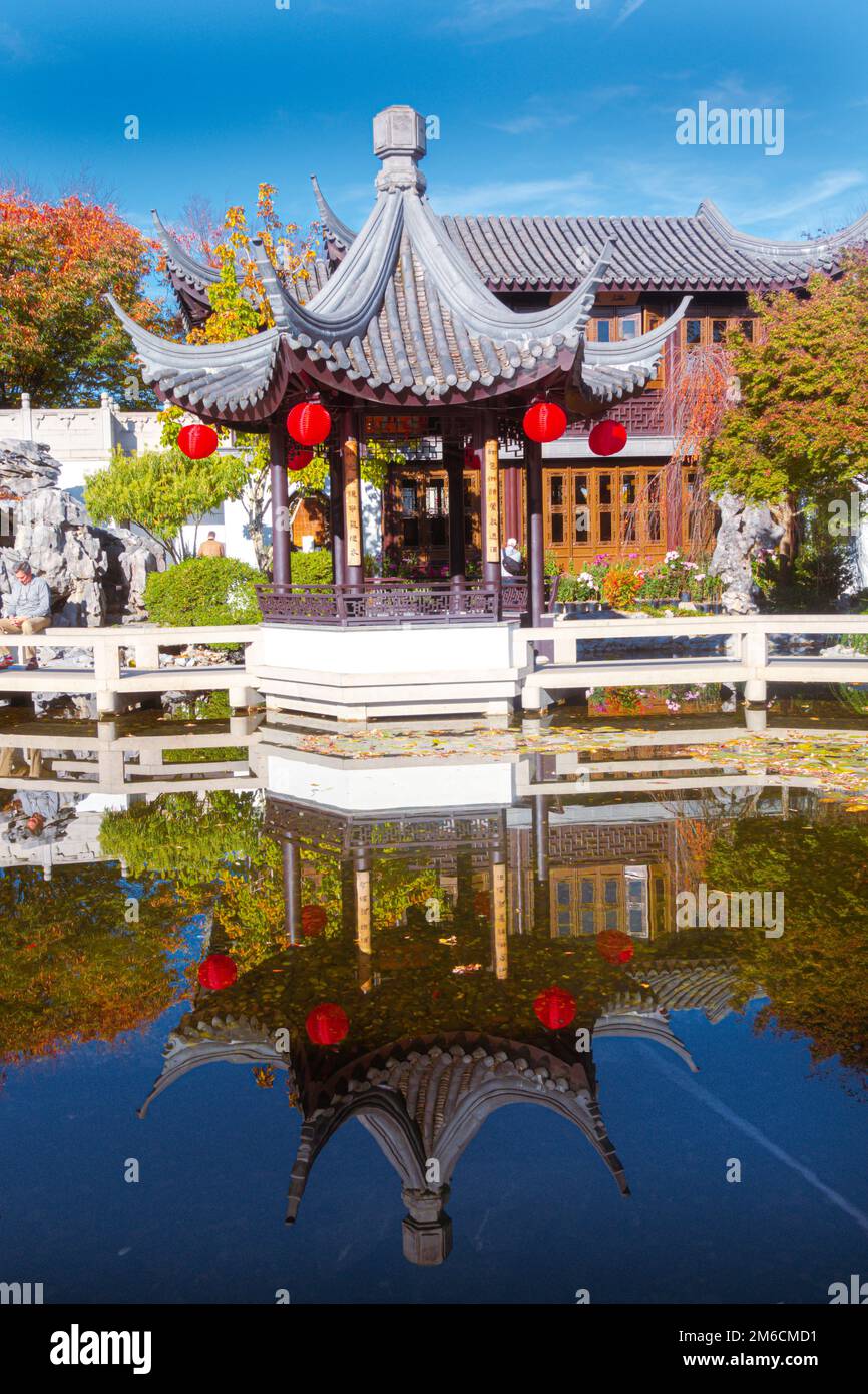 Pagoda Reflected in Pond at Chinese Gardens in Portland, Oregon Stock ...