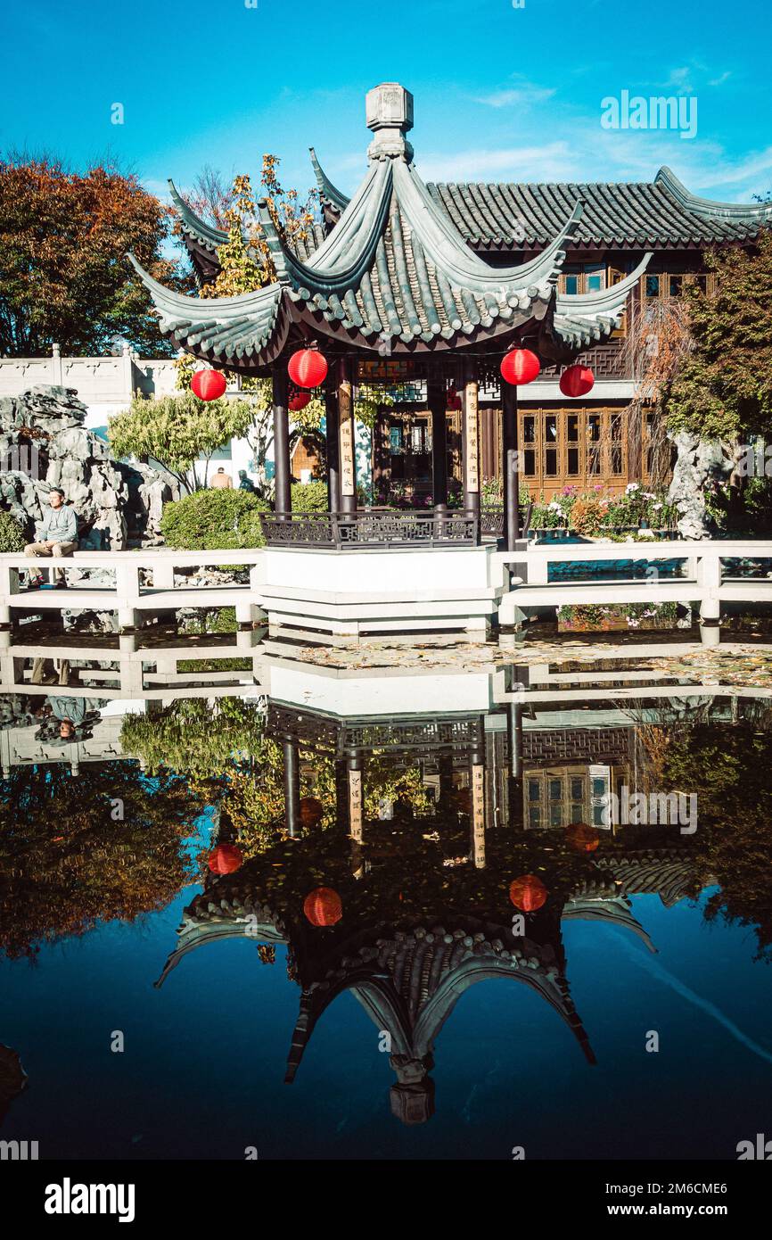 Pagoda Reflected in Pond at Chinese Gardens in Portland, Oregon Stock ...