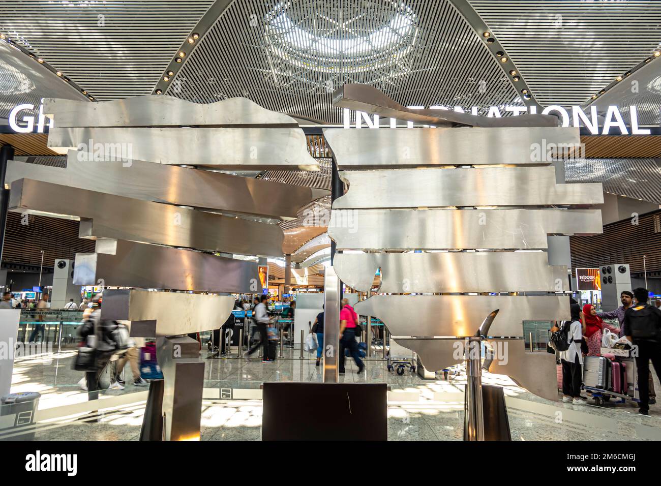 Istanbul airport artwork. Metal installation at the entrance, interior ...