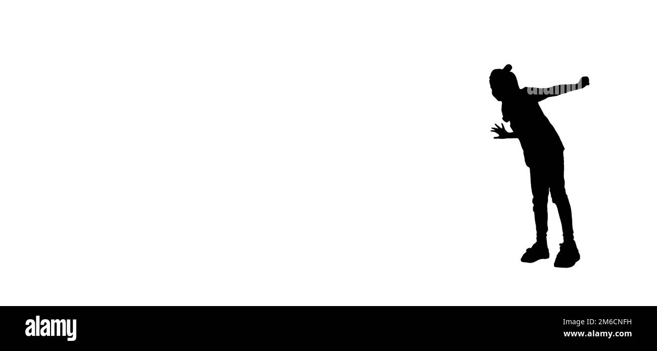 Silhouette of a girl. Black on white. Dancing pose and pointing the ...