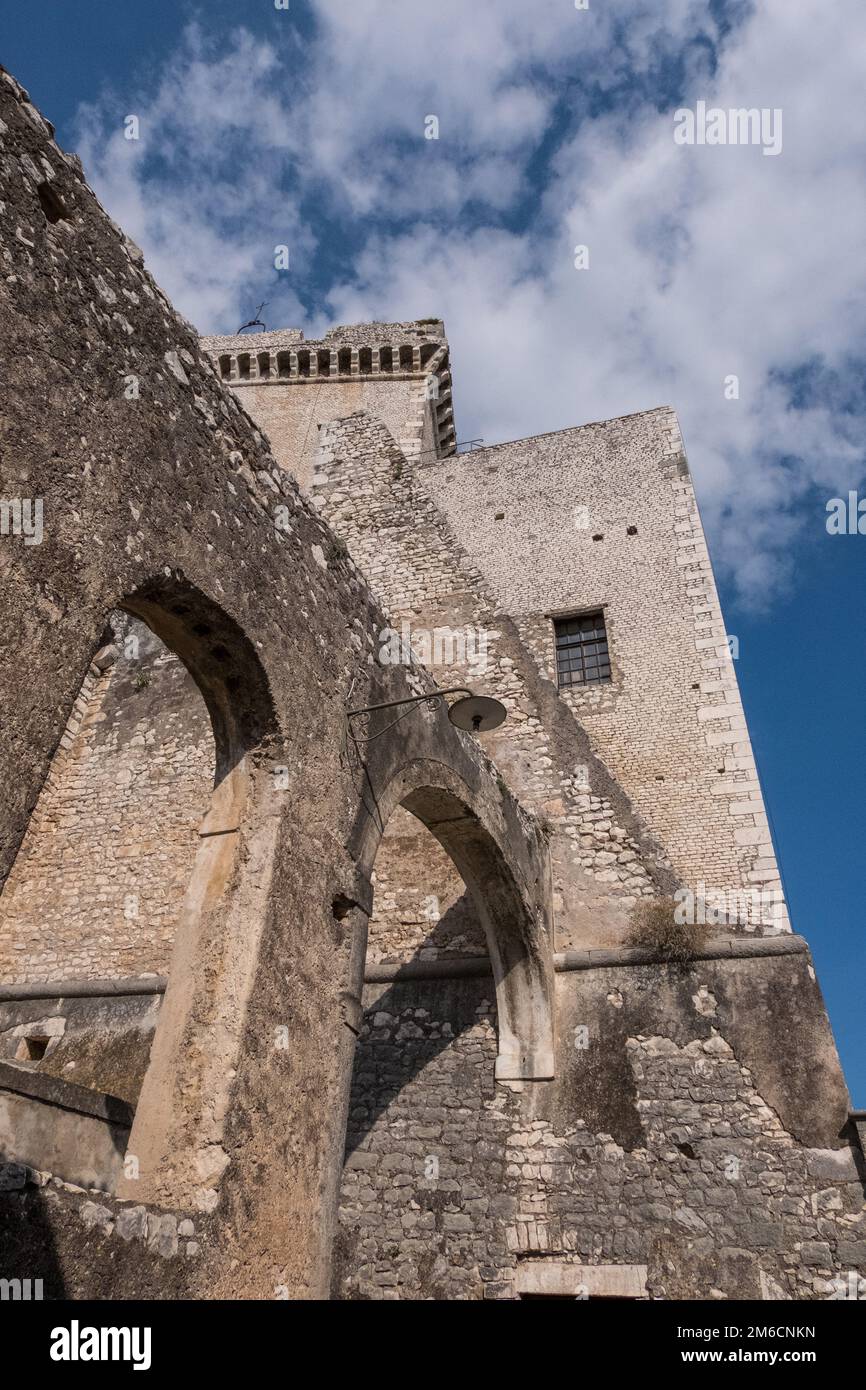 Arches of an stone old castle with blue sky and clouds background Stock ...