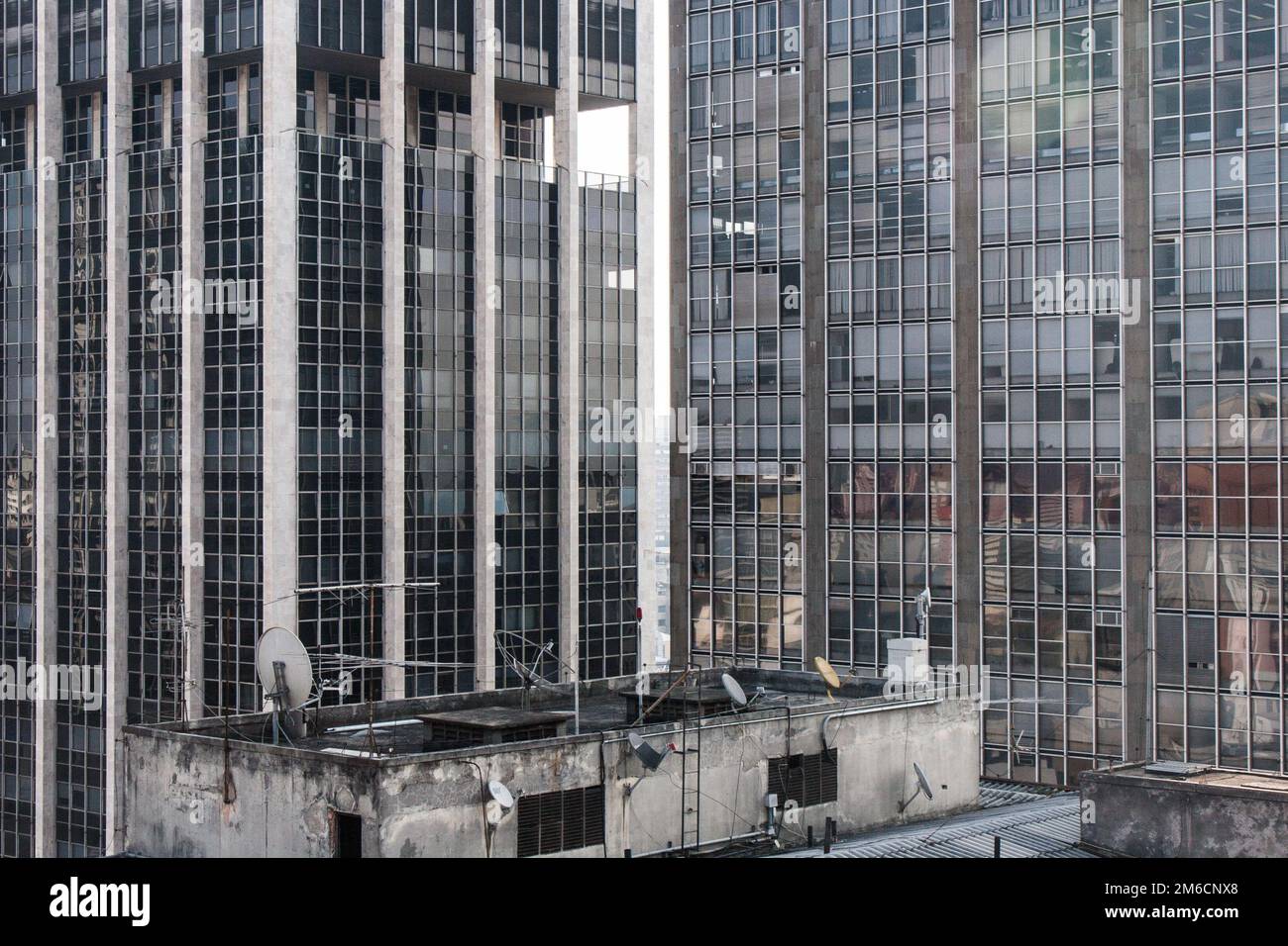 Tall office towers seen from the top of a commercial building Stock ...