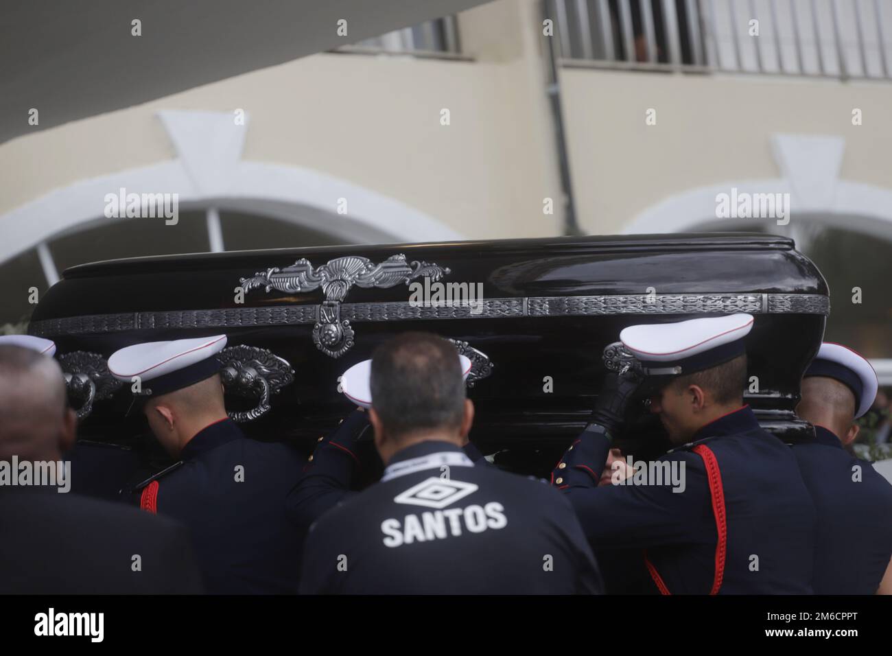 Santos. 3rd Jan, 2023. The coffin of the Brazilian football legend Pele ...