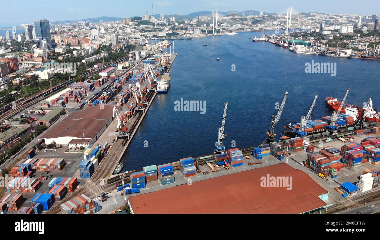 Top view. Commercial Sea Port. Industrial port with containers Stock ...