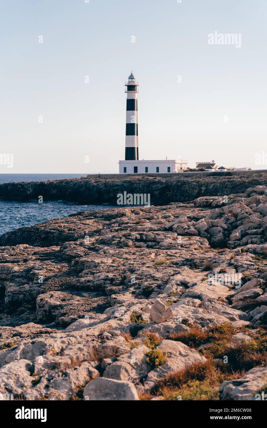 Beautiful blue white lighthouse on the Spanish island of Menorca Stock ...