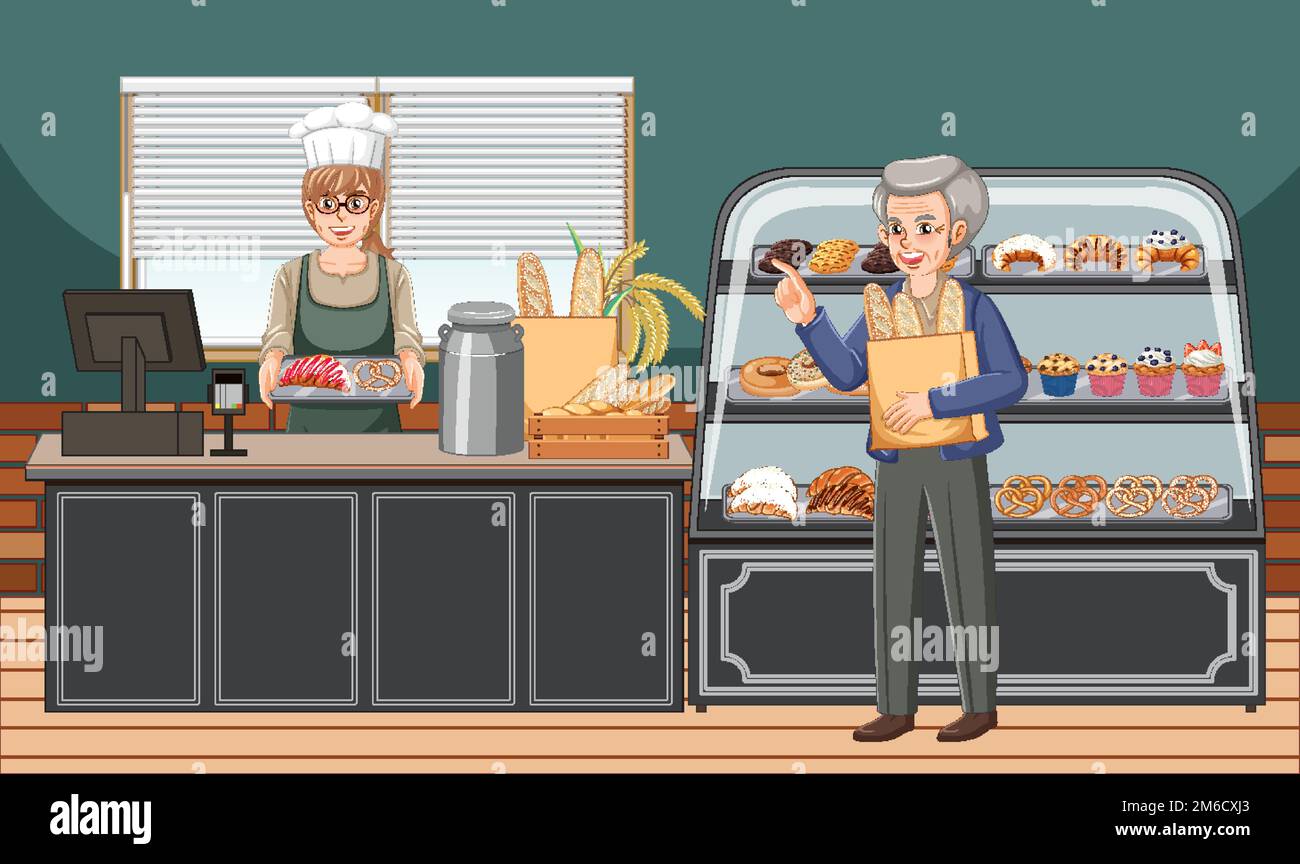 Bakery shop interior with seller and customer illustration Stock Vector ...