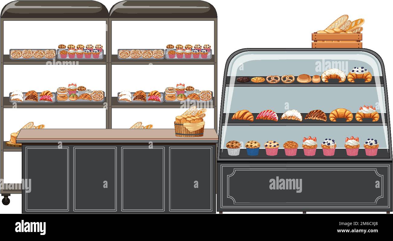 Bakery showcase with pastry products illustration Stock Vector Image ...