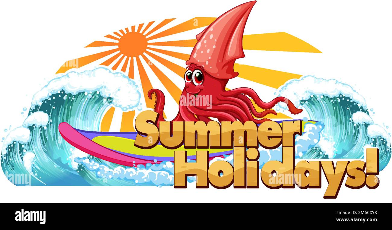 Summer holidays word with squid cartoon illustration Stock Vector Image ...