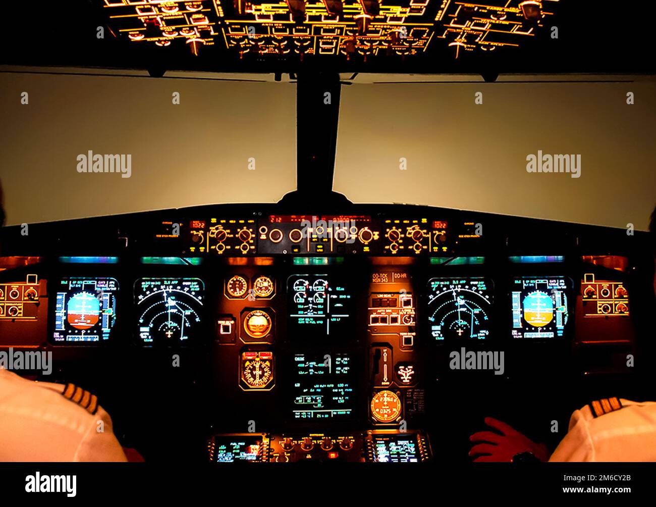 Cockpit of a passenger plane. View from the cockpit during Stock Photo ...