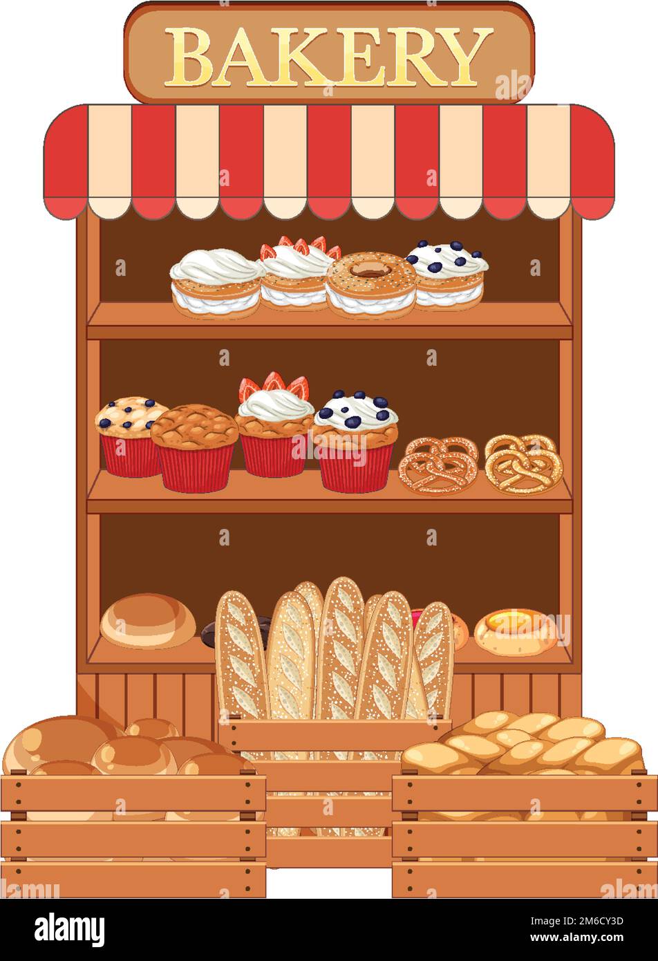 Bakery showcase with bread and pastry products illustration Stock ...