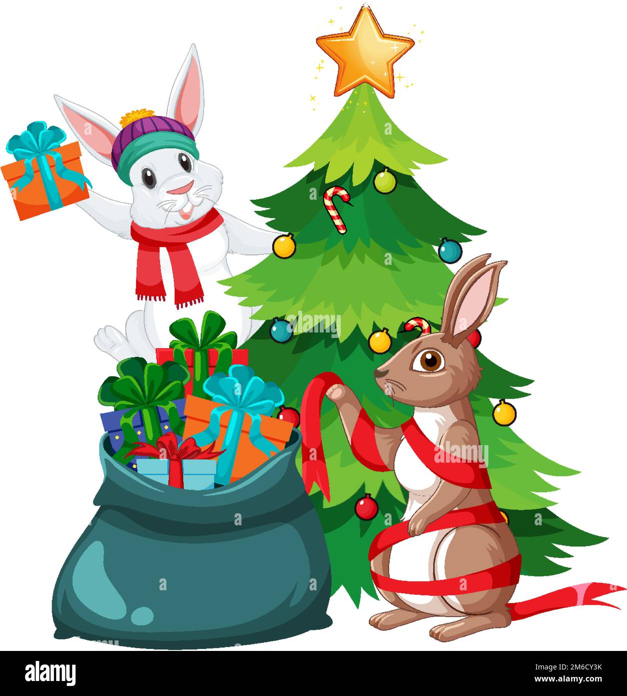 Christmas tree with cute rabbit illustration Stock Vector Image & Art ...