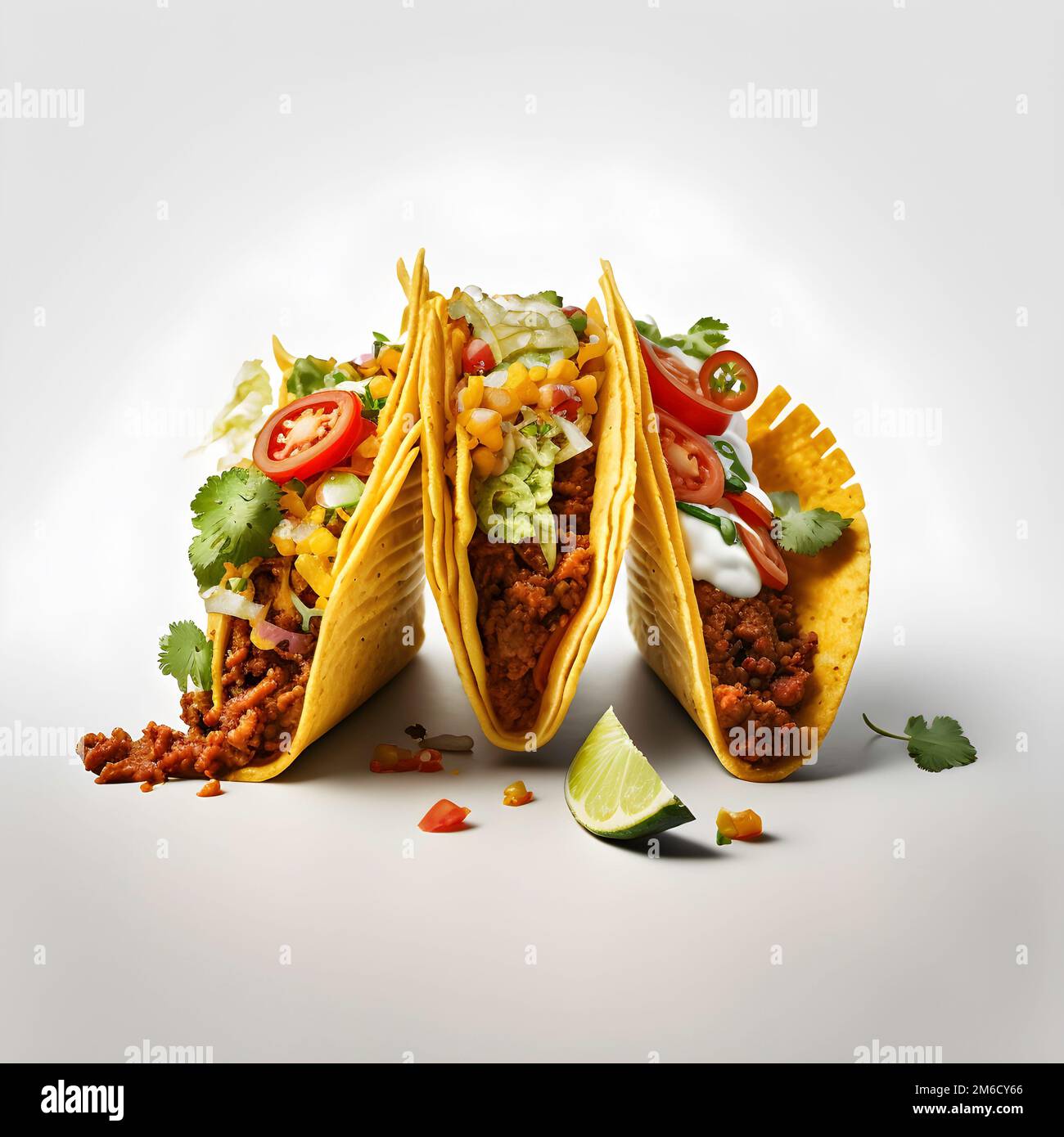 Tasty Tacos with Avocado, Salsa, and Lime on white background Stock ...
