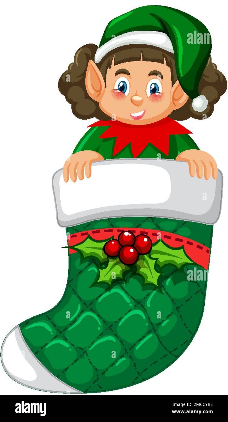 Elf in Christmas sock cartoon character illustration Stock Vector Image ...