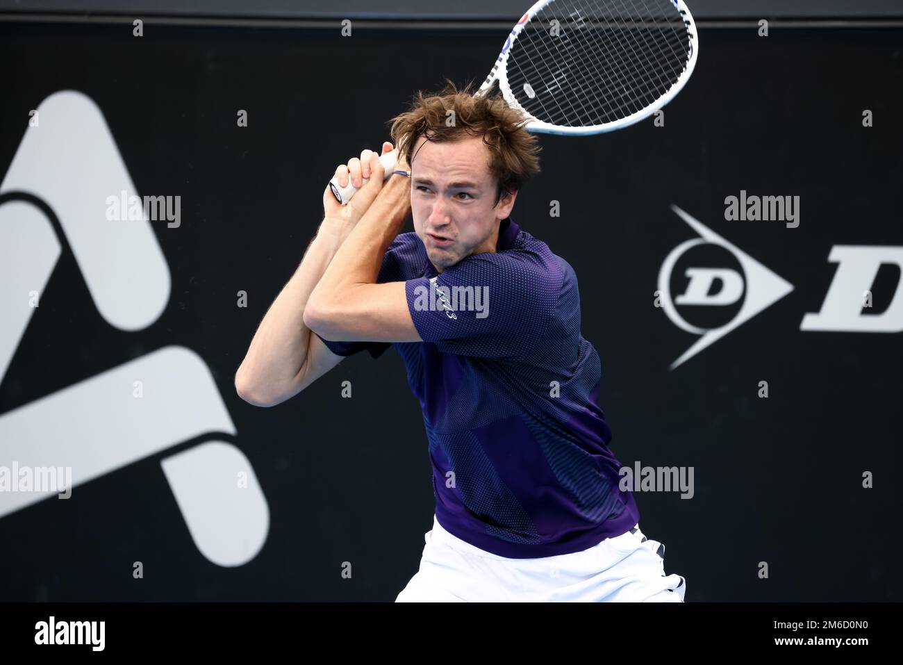 Adelaide, , 3 January, 2023. Daniil Medvedev hits a backhand during the ...