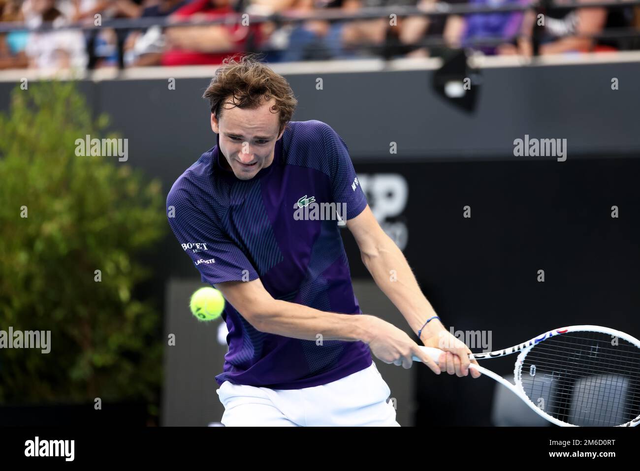 Adelaide, , 3 January, 2023. Daniil Medvedev hits a backhand during the ...