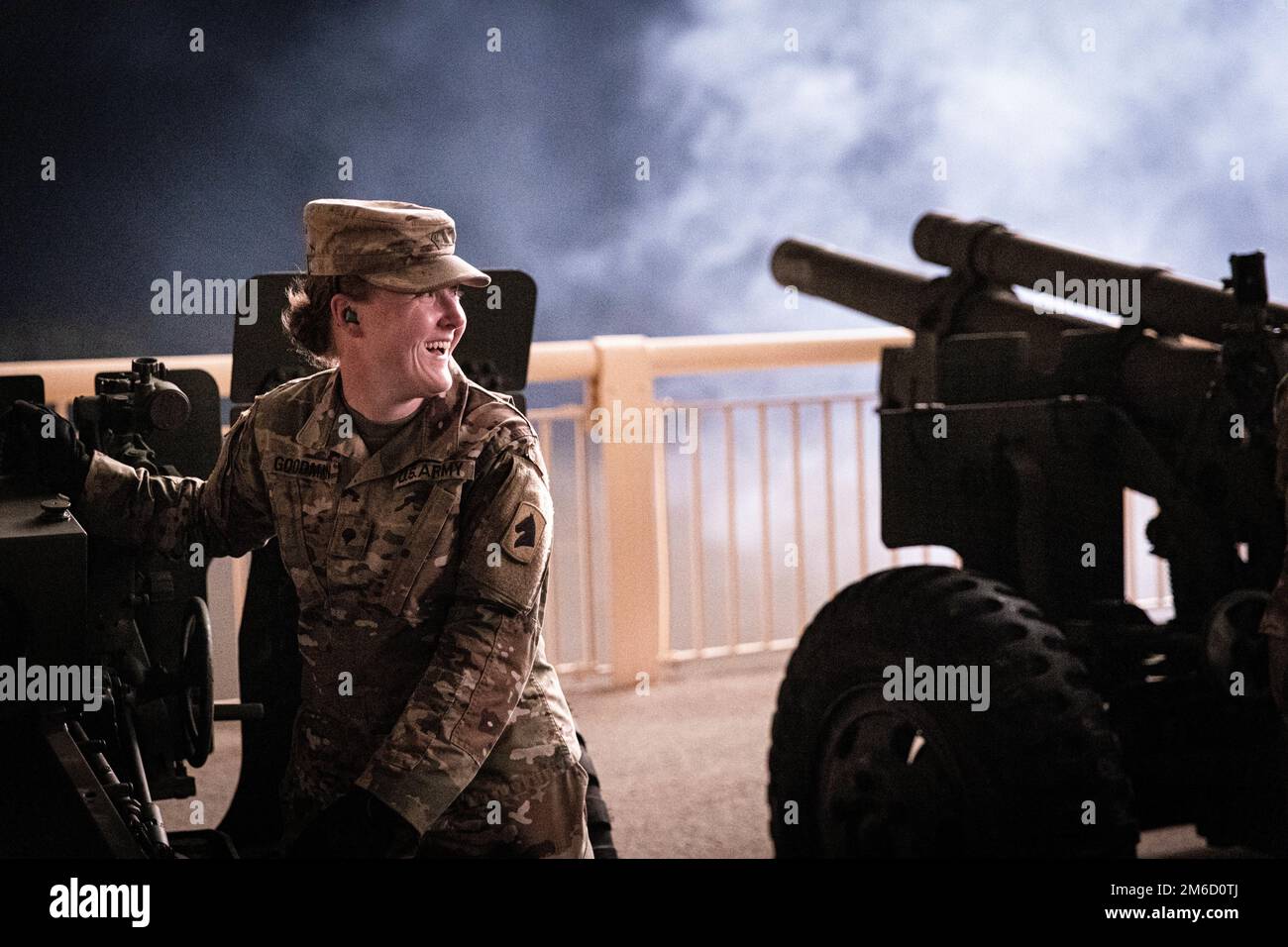 Kentucky National Guard Spc. Olivia Goodman laughs after pulling the ...