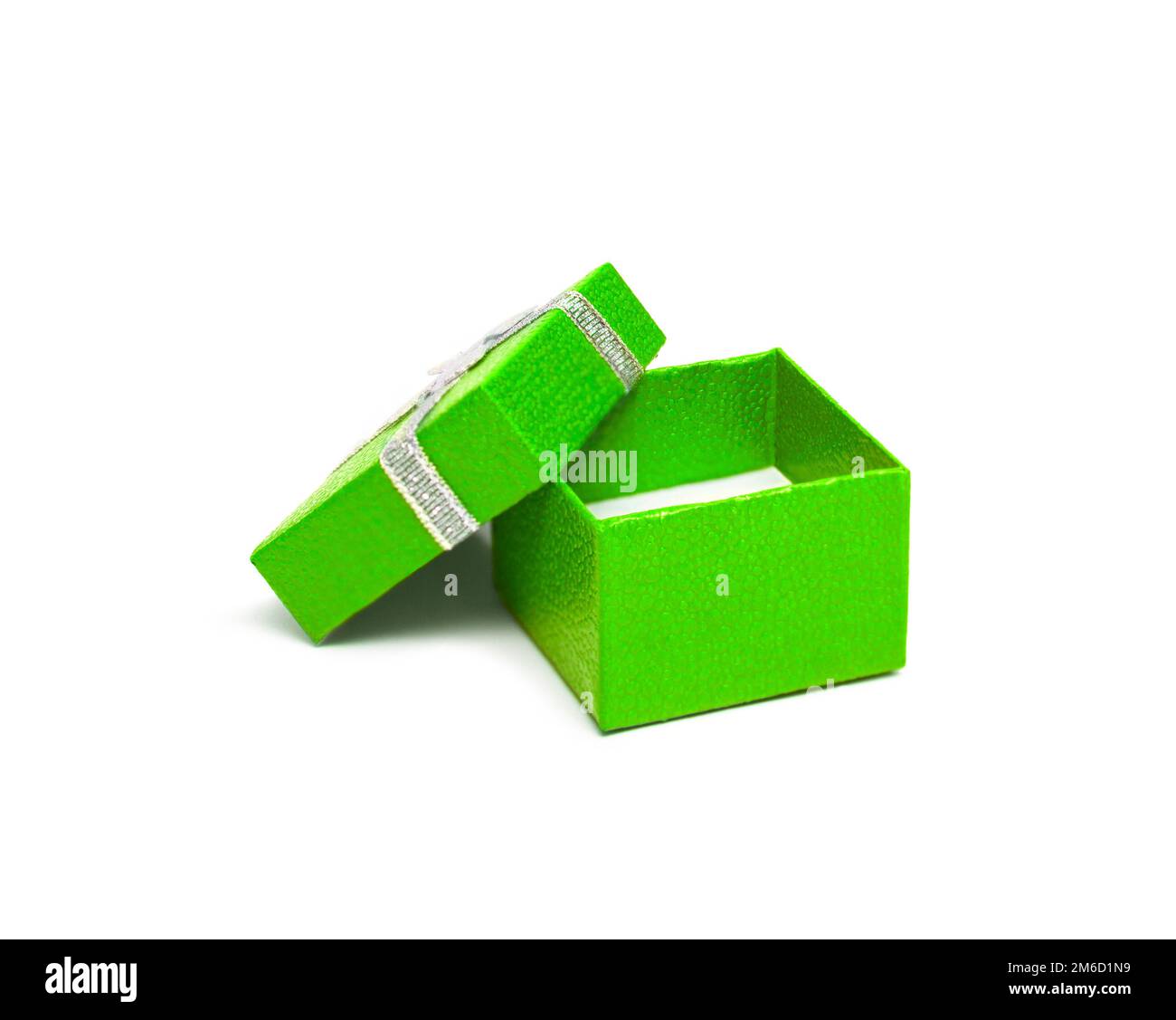 Open Green color gift box with silver ribbon isolated on white b Stock ...