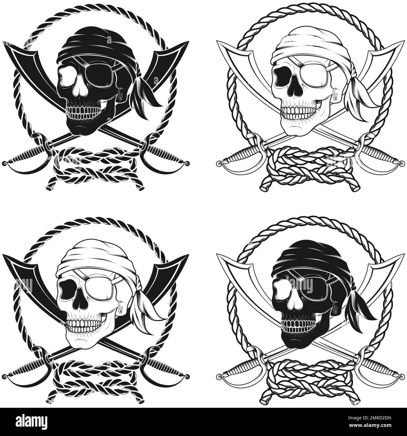 Vector illustration of a pirate skull with two swords surrounded by ...