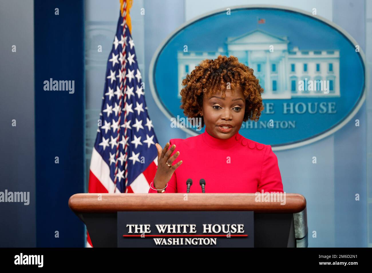 White House Press Secretary Karine Jean-Pierre speaks during a press ...
