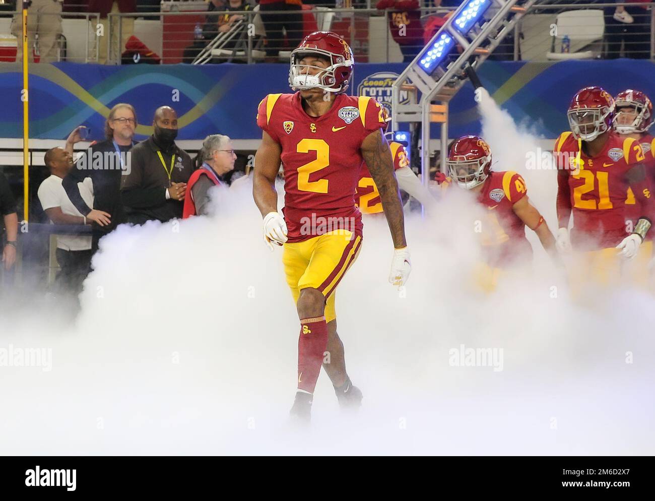 Arlington, TX, USA. 2nd Jan, 2023. USC's Brenden Rice (2) leads the ...
