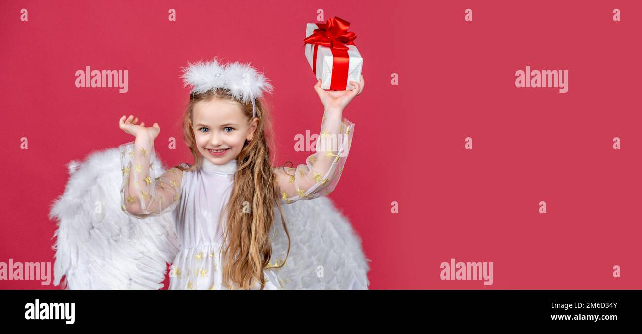 Angel kid banner, isolated studio background. Happy smiling angel girl ...
