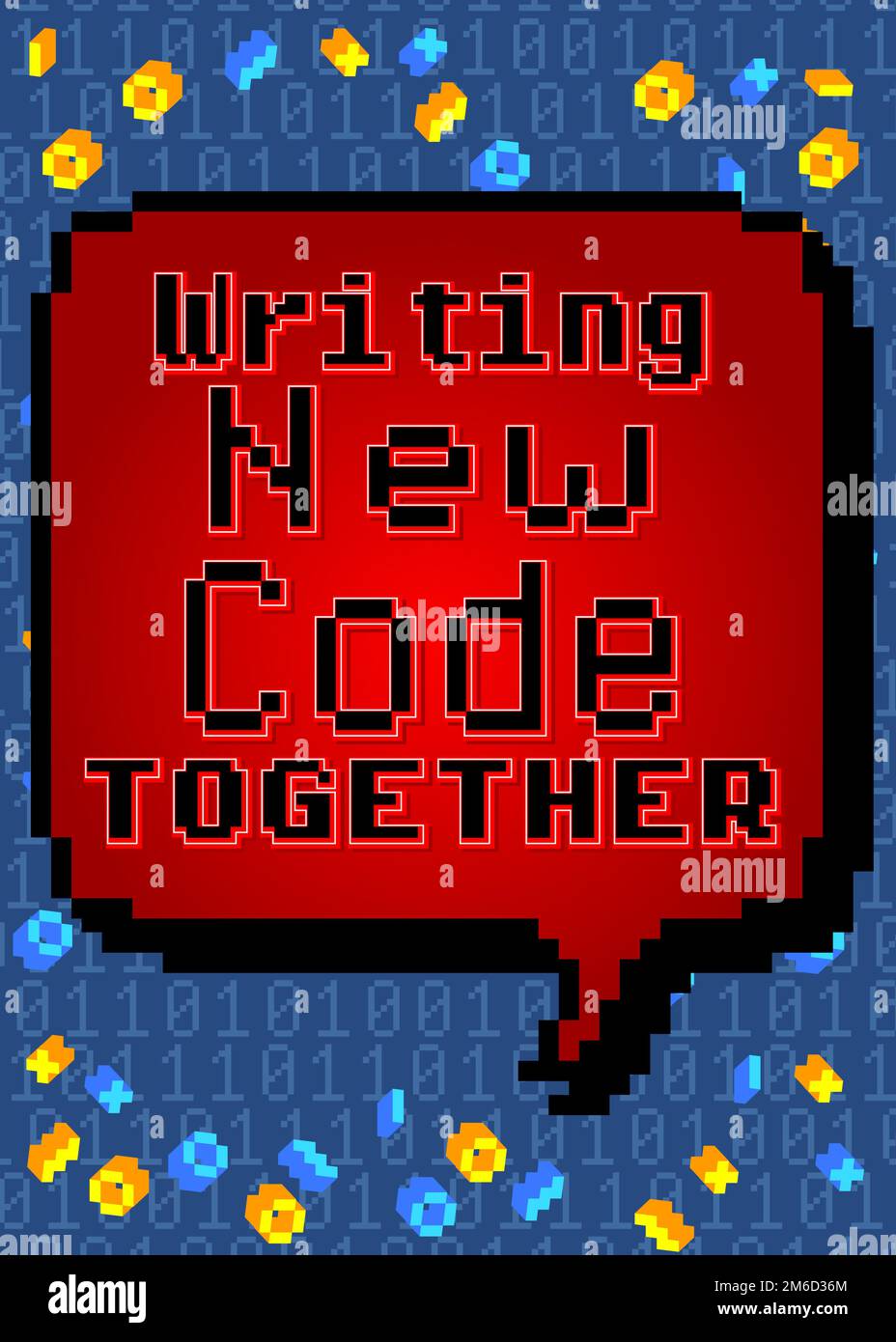 Writing New Code Together. Pixelated text with geometric graphic background. Vector cartoon ...