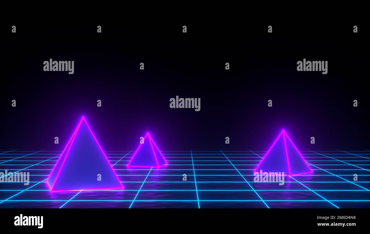 3d render of neon pyramid on grid background. Banner design. Retrowave ...