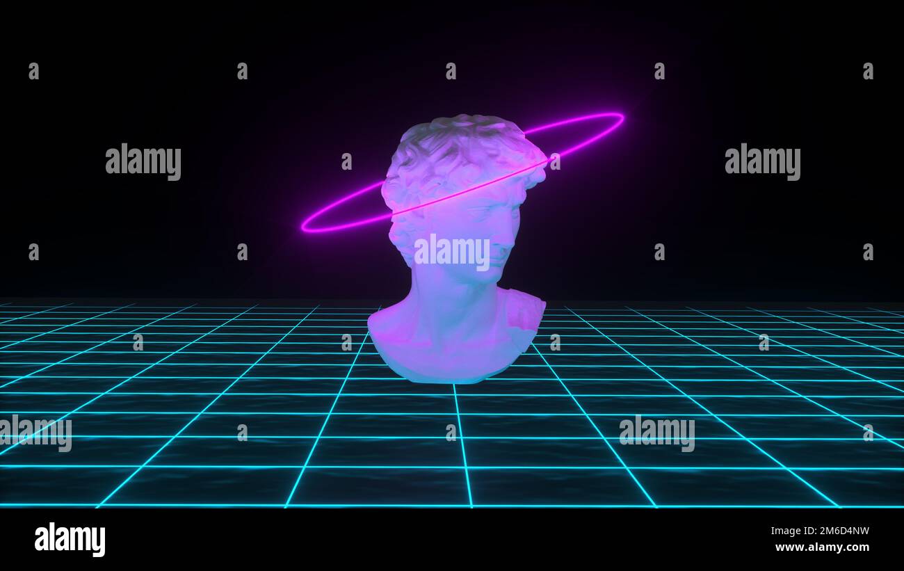 Abstract David's bust with neon gloving light on grid background ...
